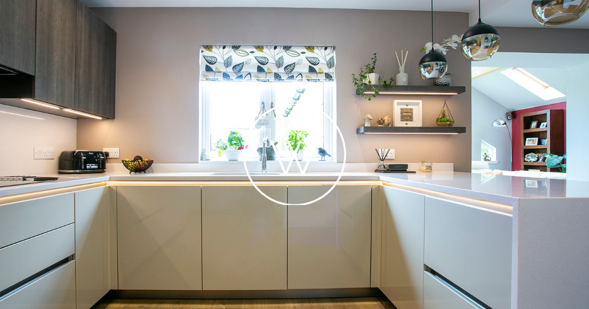 Open Plan Kitchen Design | Stylish Timber effect and White Gloss